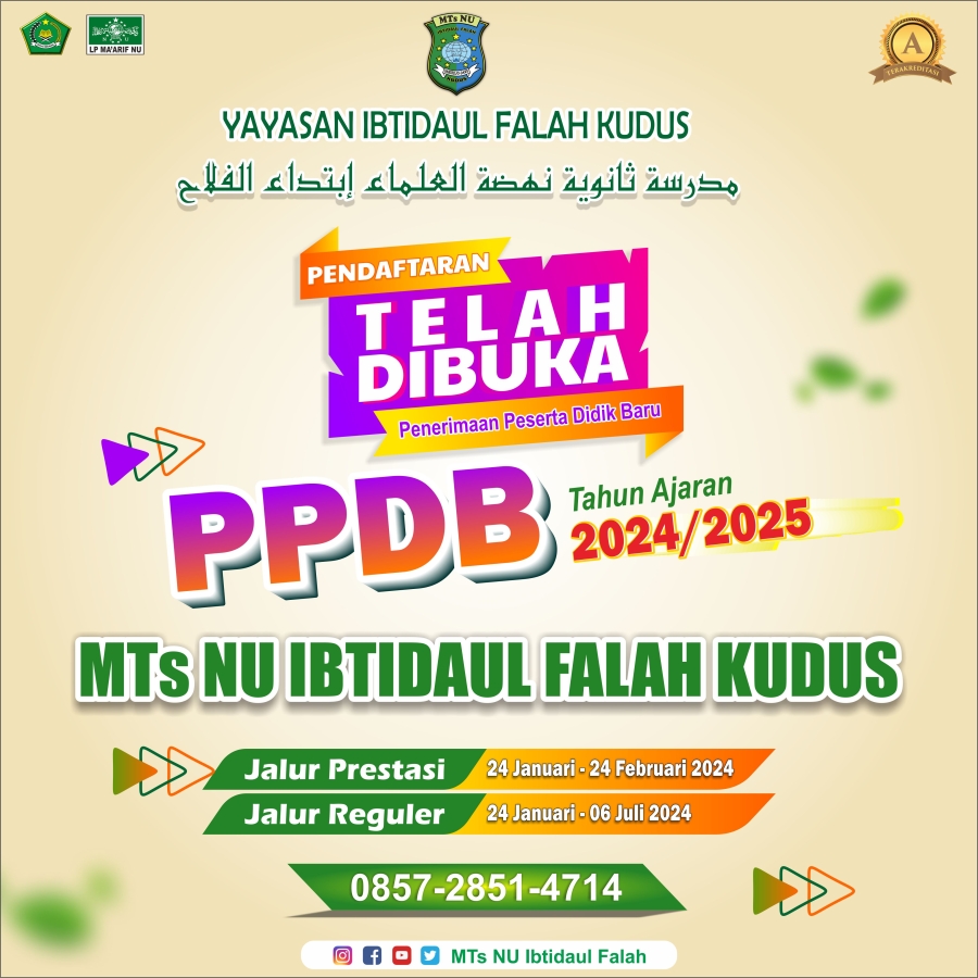 TELAH DIBUKA PPDB TA. 2024/2025 - MTs NU IBTIDAUL FALAH KUDUS